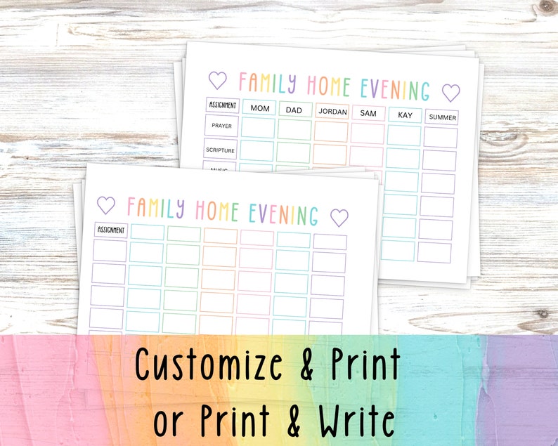 Printable Family Home Evening Chart Participation Assignments Editable ...