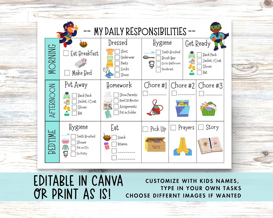 Customizable Daily Responsibility Chart With Pictures After School ...