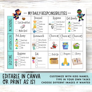 Customizable Daily Responsibility Chart With Pictures After School ...