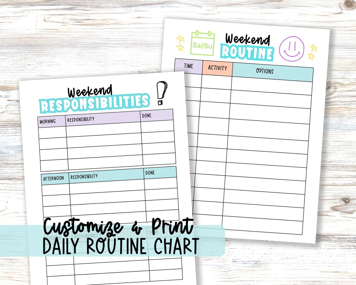 Responsibility Chart for Kids Daily Schedule Editable Template, 4 ...