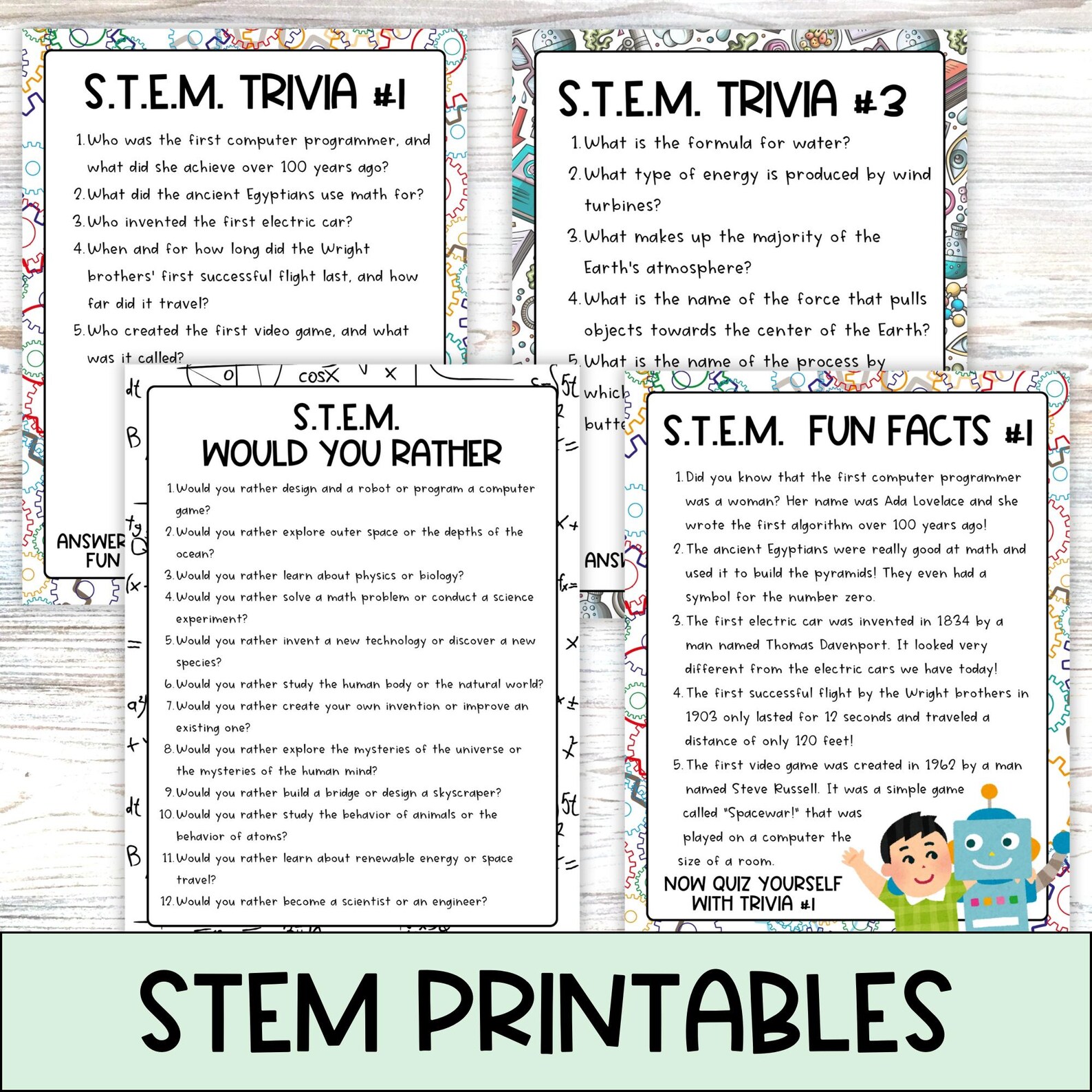 STEM Learning Activities Bundle for Kids, Trivia Questions, Fun Facts ...
