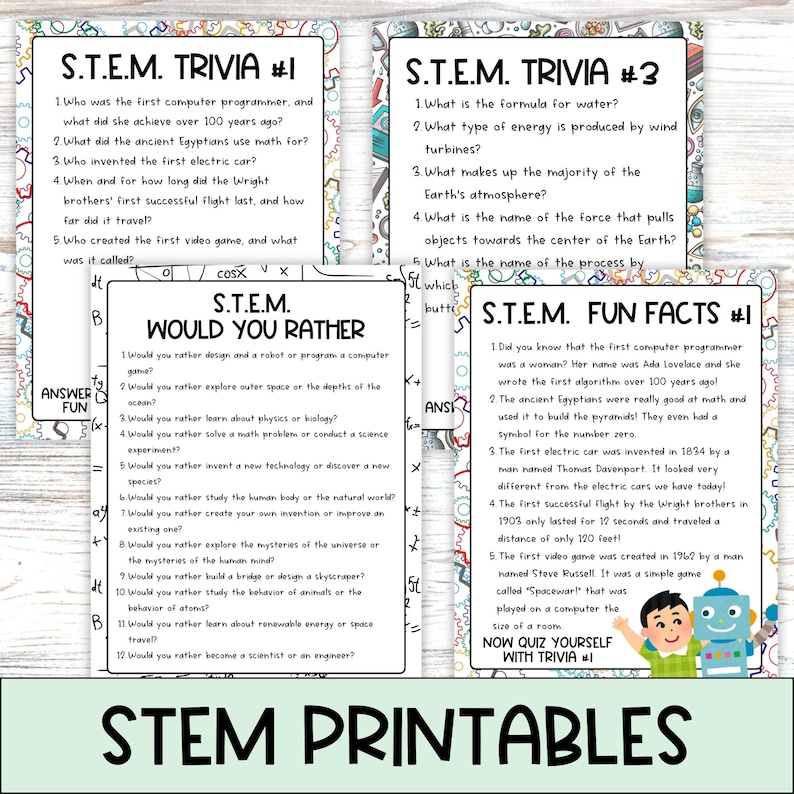 STEM Learning Activities Bundle for Kids, Trivia Questions, Fun Facts ...