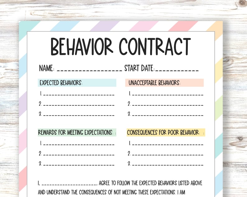 Behavior Contract Printable Actions and Consequences Agreement Form ...