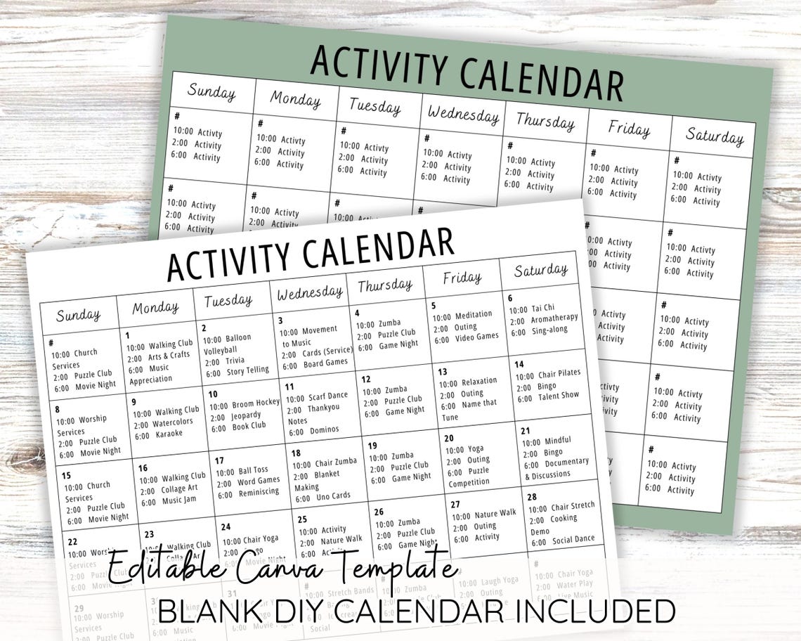 Activity Calendar Canva Template for Recreation Director, Bulletin ...