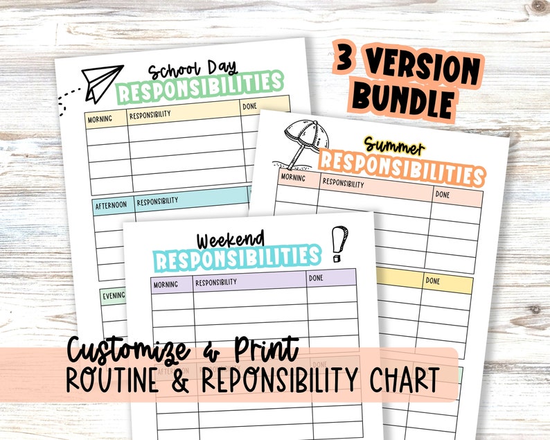 Responsibility Chart for Kids Daily Schedule Editable Template, 4 ...