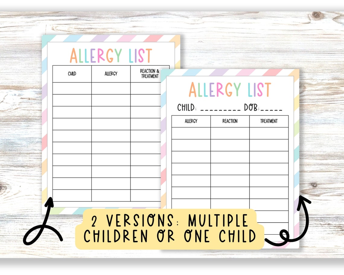Allergy List Printable, Home Day Care or Classroom Emergency ...