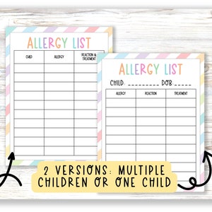 Allergy List Printable, Home Day Care or Classroom Emergency ...