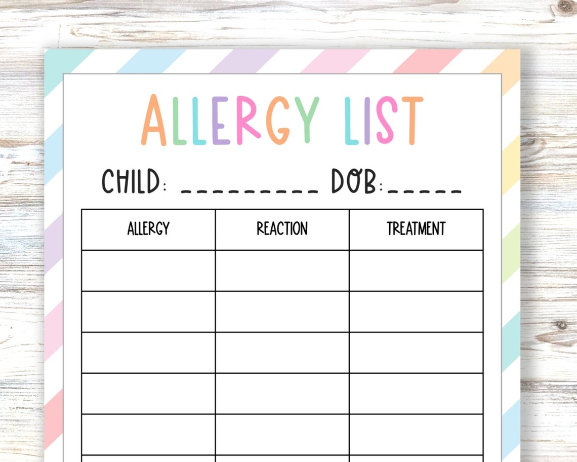 Allergy List Printable, Home Day Care or Classroom Emergency ...