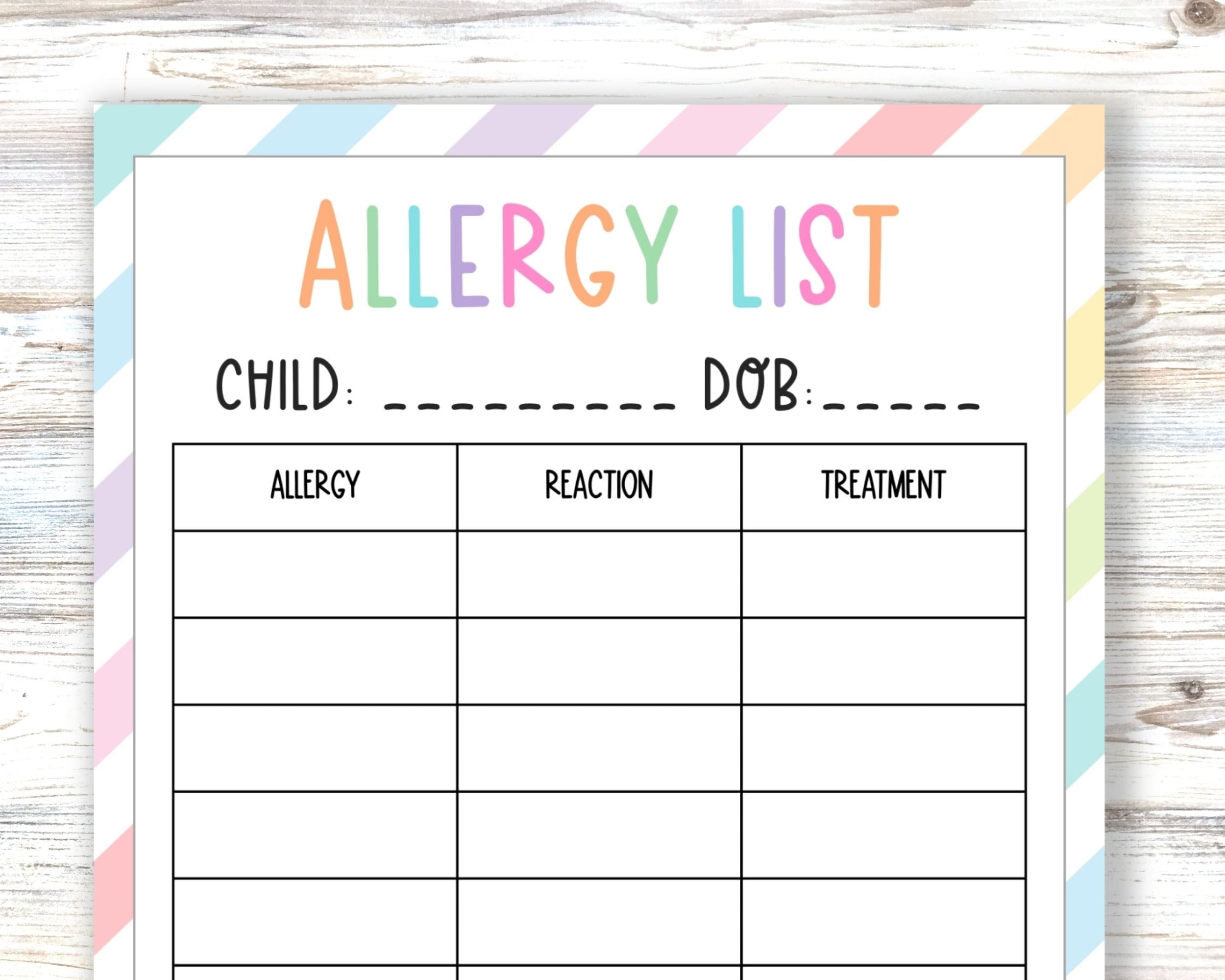 Allergy List Printable, Home Day Care or Classroom Emergency ...
