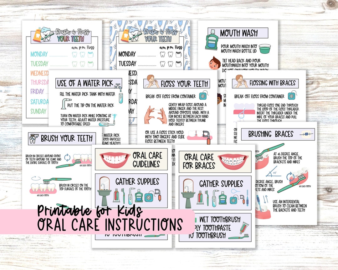 Brushing Teeth Posters Printable Oral Care Instruction, Steps Guide ...