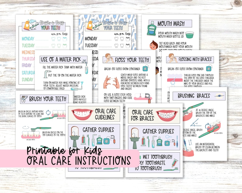 Brushing Teeth Posters Printable Oral Care Instruction, Steps Guide ...