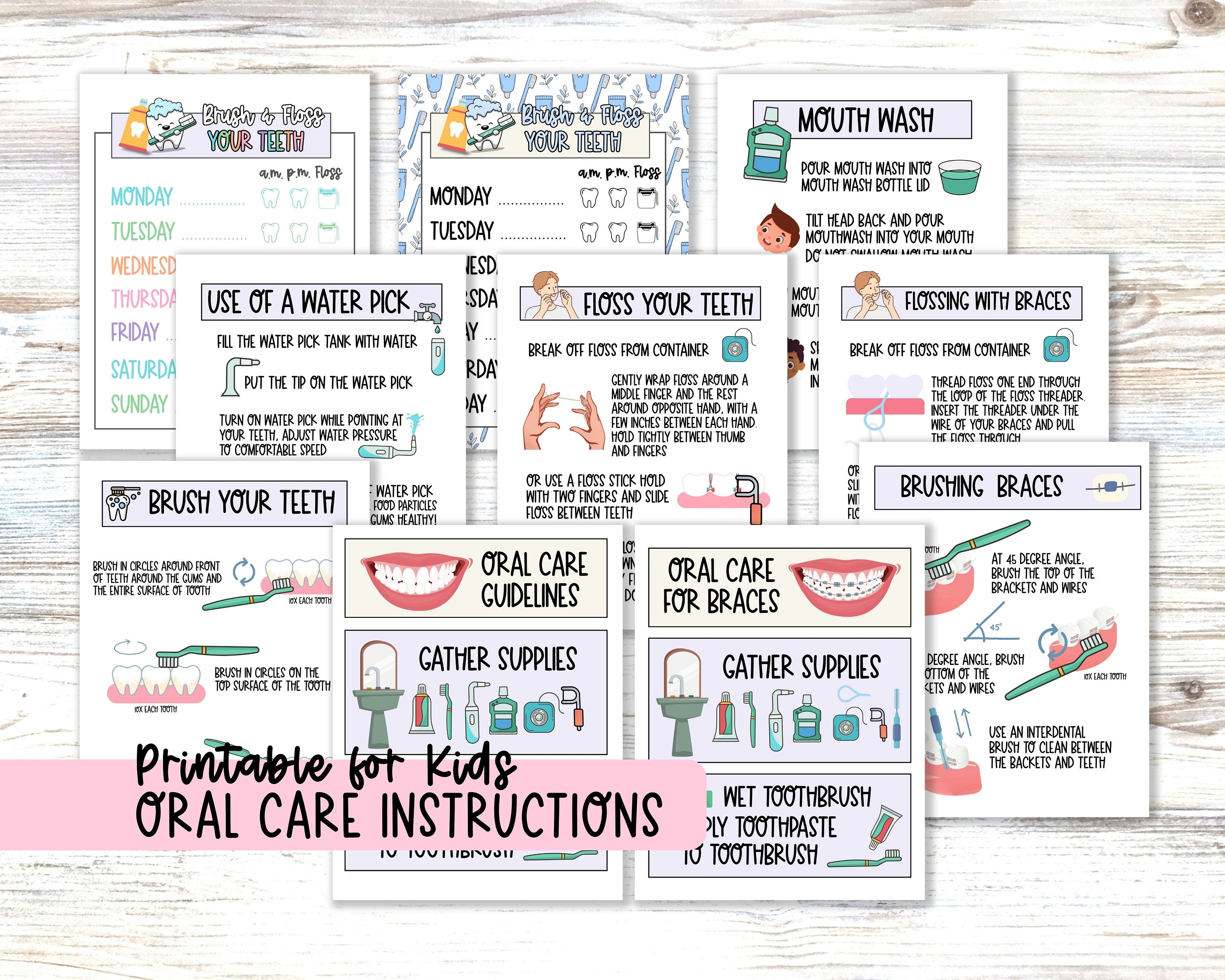 Brushing Teeth Posters Printable Oral Care Instruction, Steps Guide ...