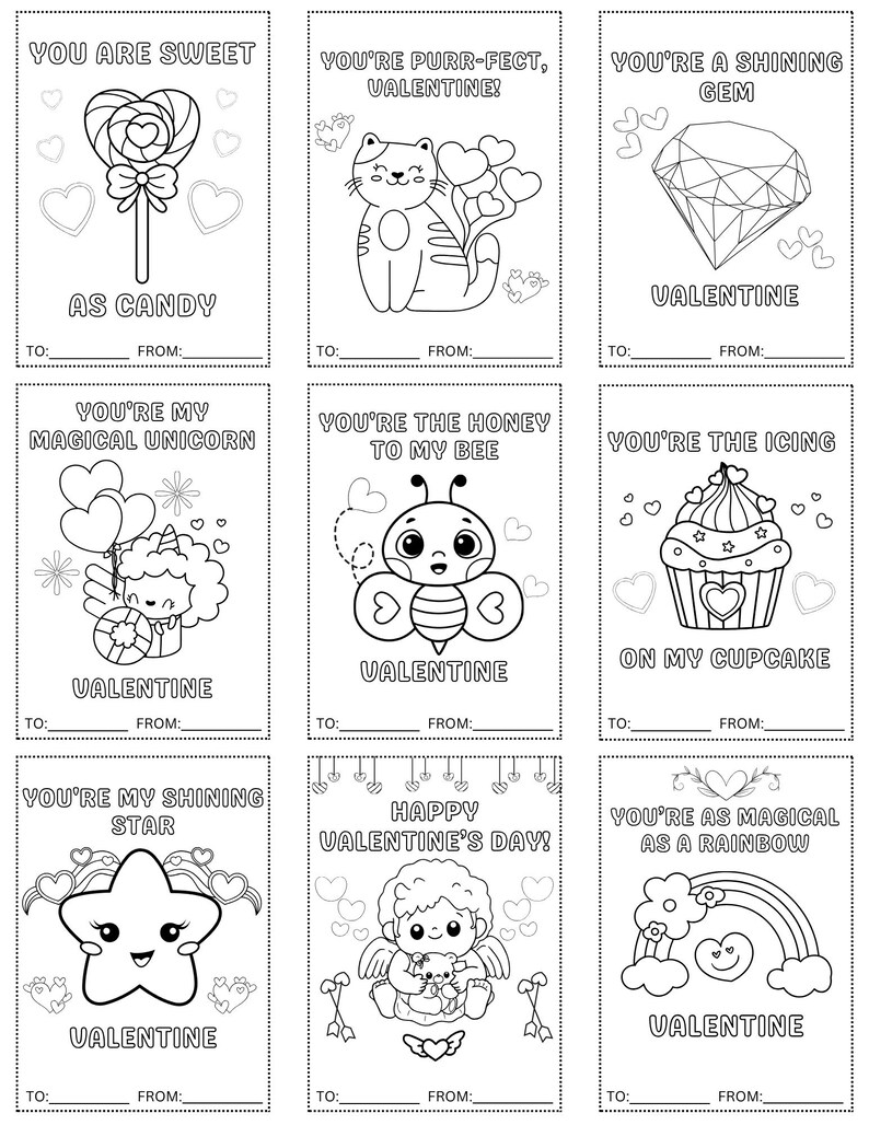 Multiple Valentines Day Card Coloring Page, Printable Greeting Card for ...
