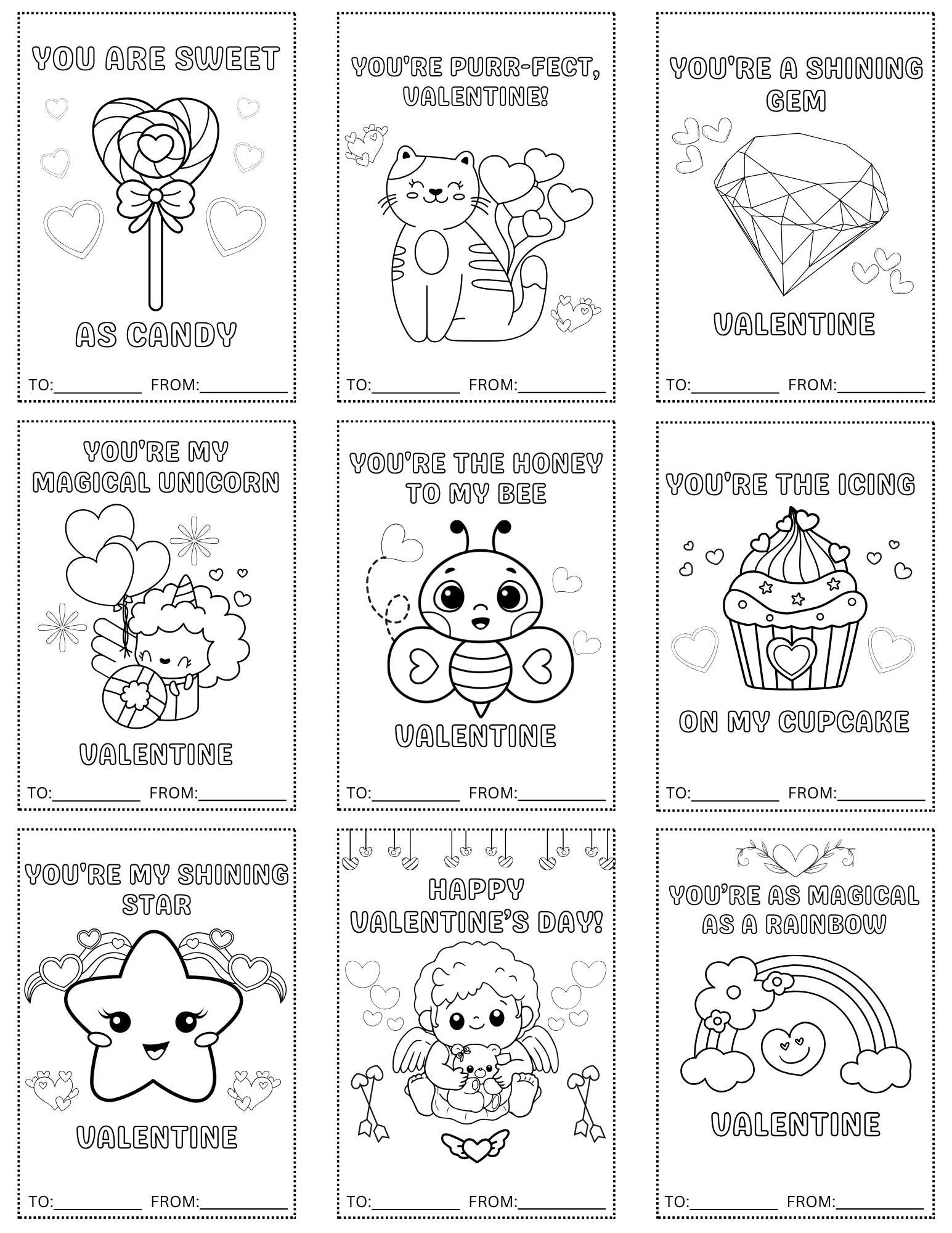 Multiple Valentines Day Card Coloring Page, Printable Greeting Card for ...