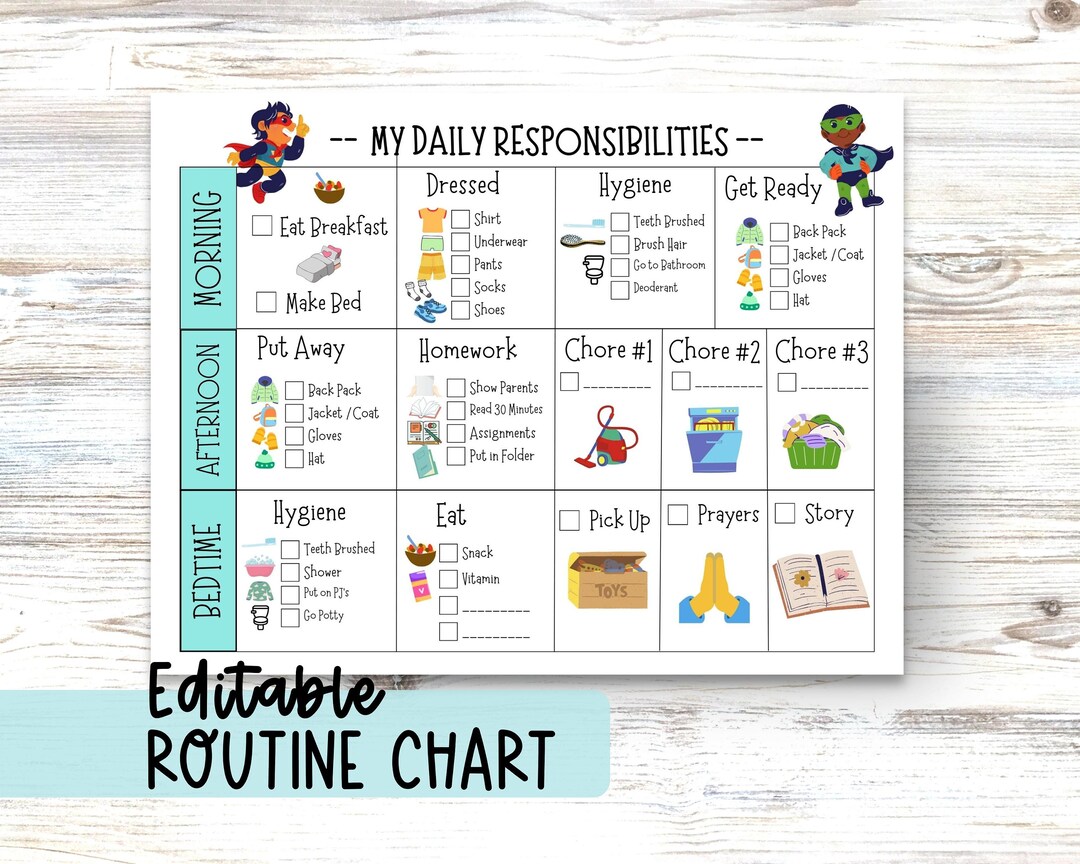 Customizable Daily Responsibility Chart With Pictures After School ...