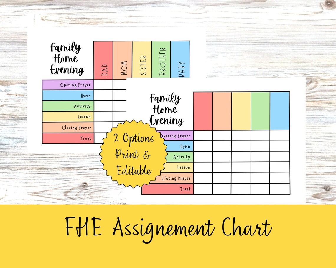 Printable Family Home Evening Chart Editable FHE Chart Assignments for ...