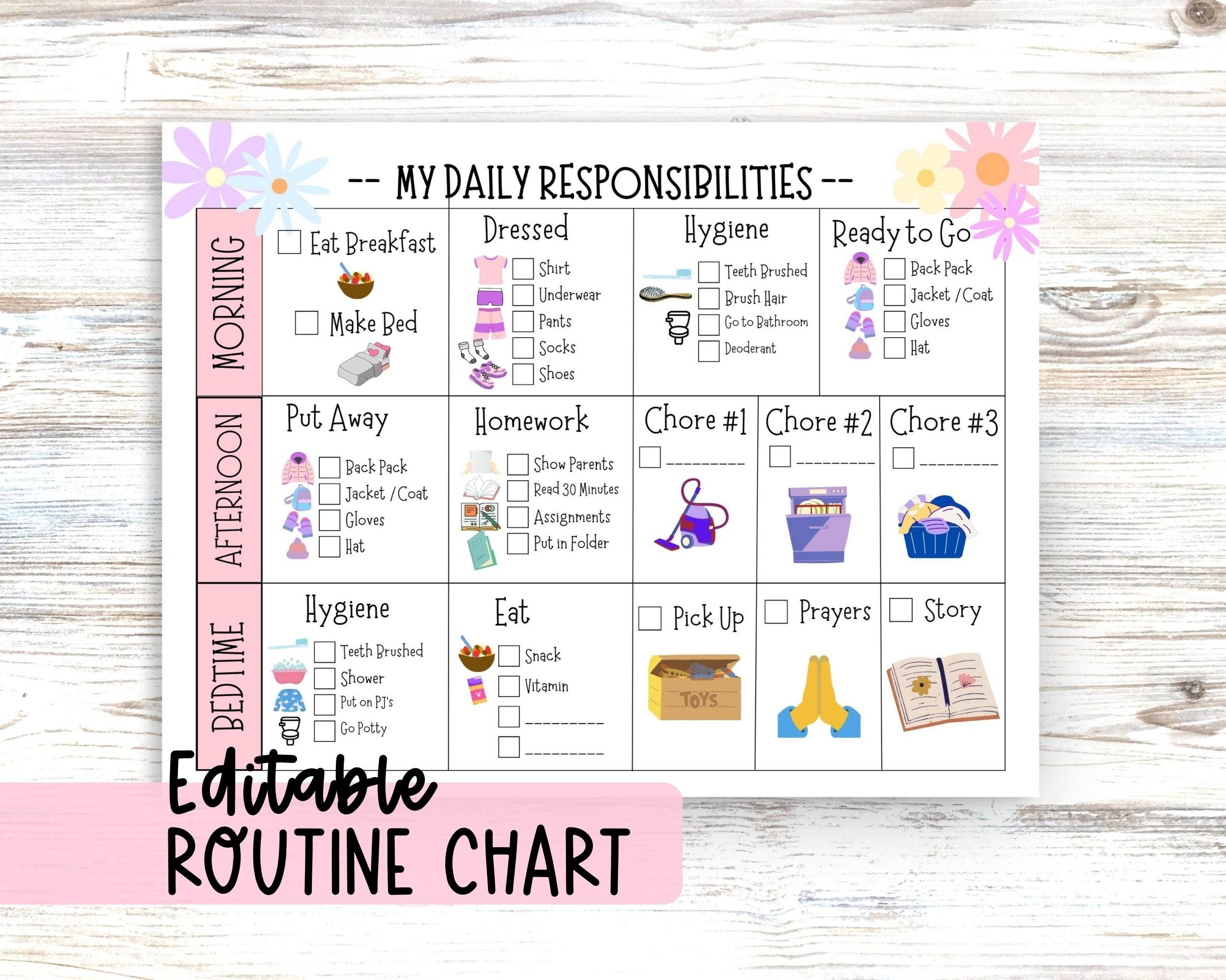 Customizable Daily Responsibility Chart With Pictures After School ...
