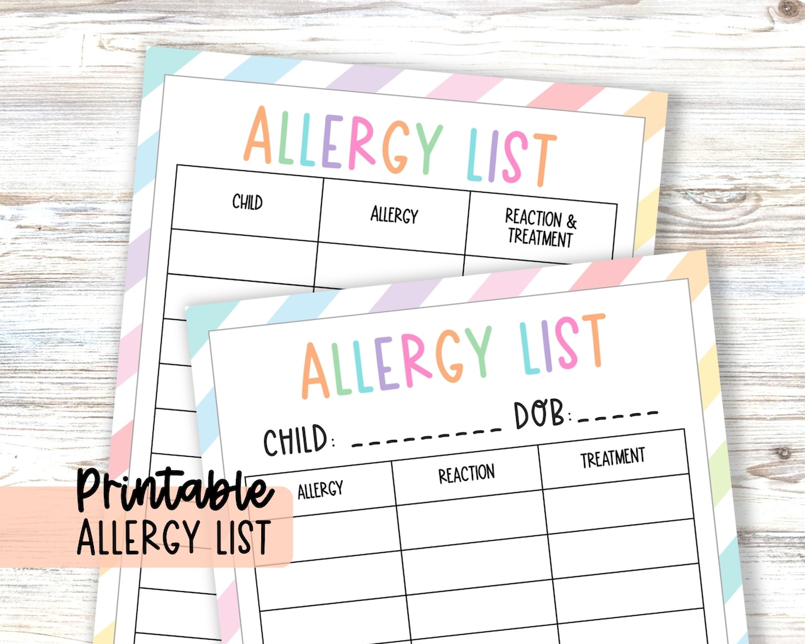 Allergy List Printable, Home Day Care or Classroom Emergency Information Sheet, Multiple ...