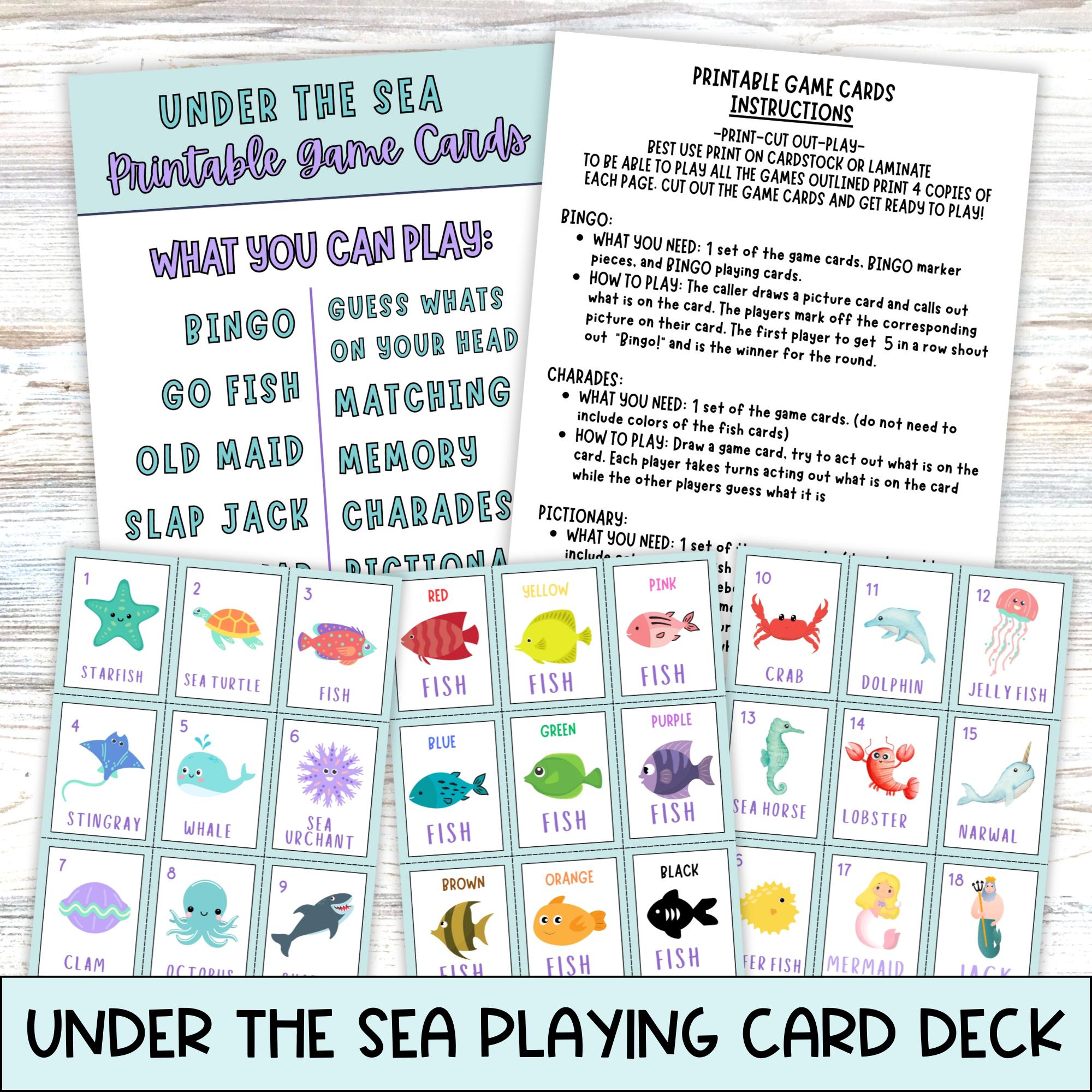 Bingo Game & Playing Card Deck Bundle, Printable Under the Sea ...