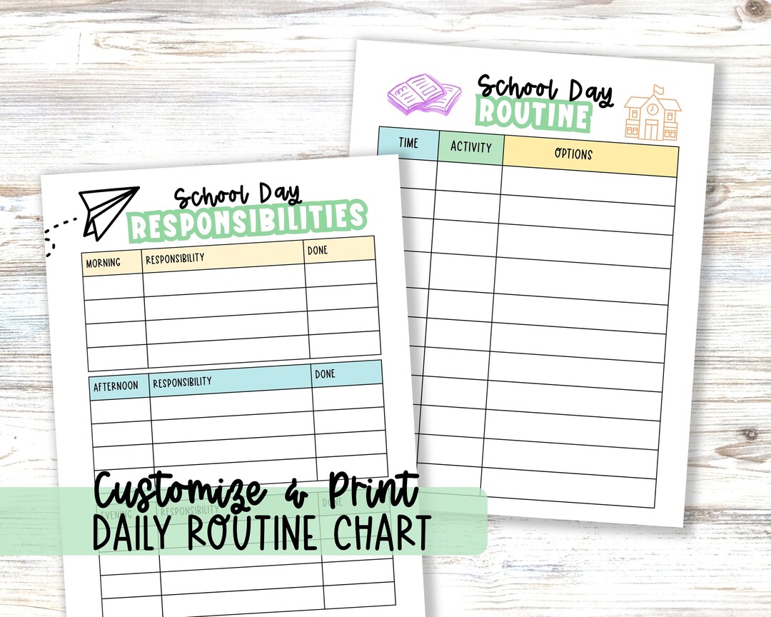 Responsibility Chart for Kids Daily Schedule Editable Template, 4 ...