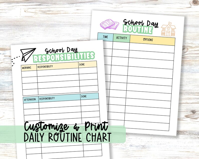 Responsibility Chart for Kids Daily Schedule Editable Template, 4 ...