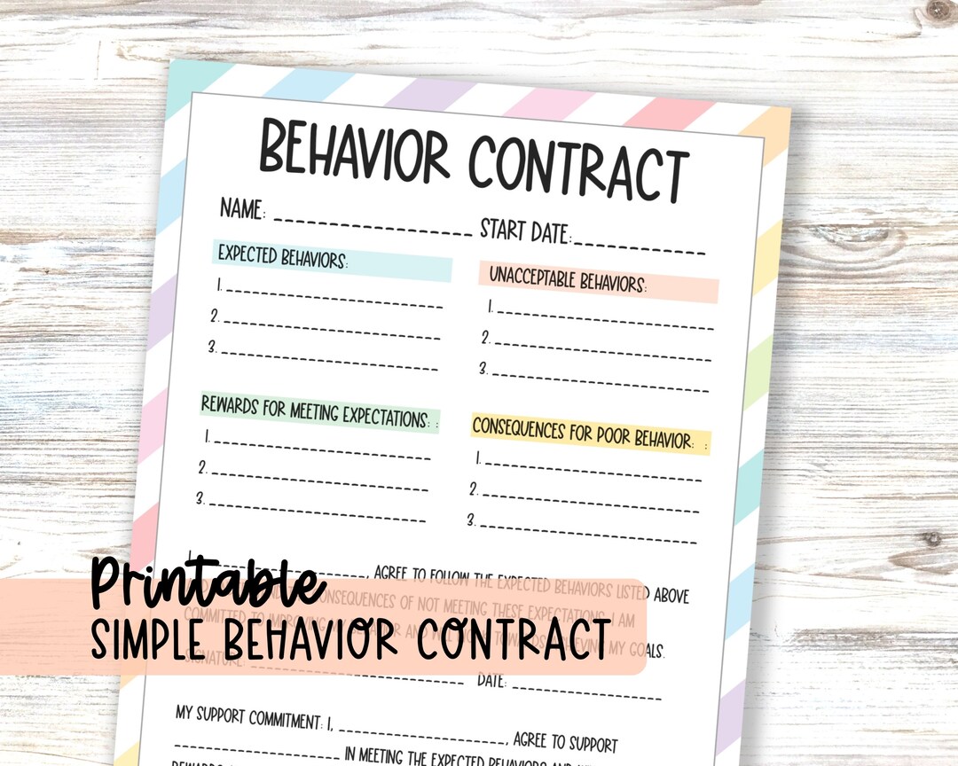 Behavior Contract Printable Actions and Consequences Agreement Form ...