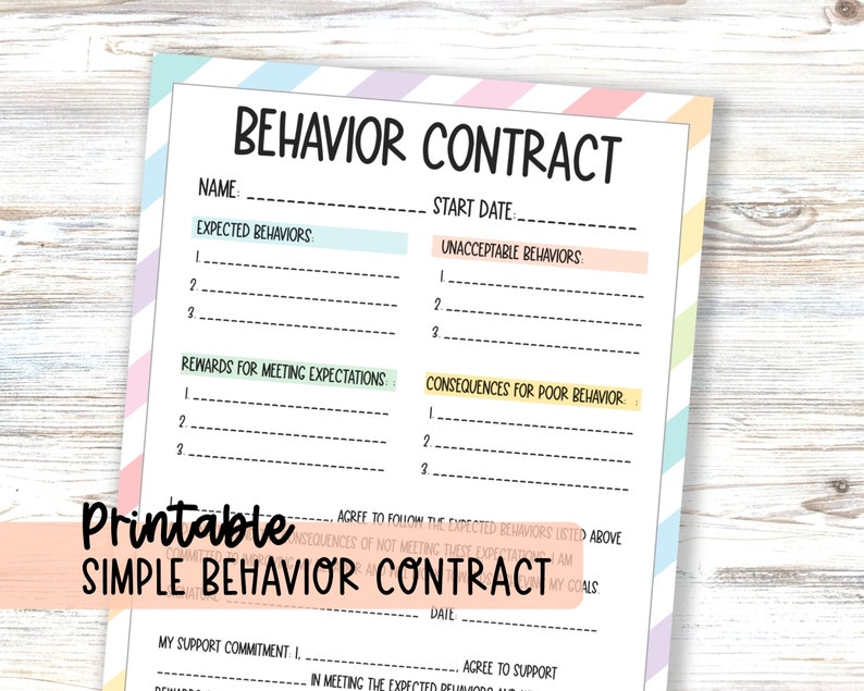 Behavior Contract Printable Actions and Consequences Agreement Form ...