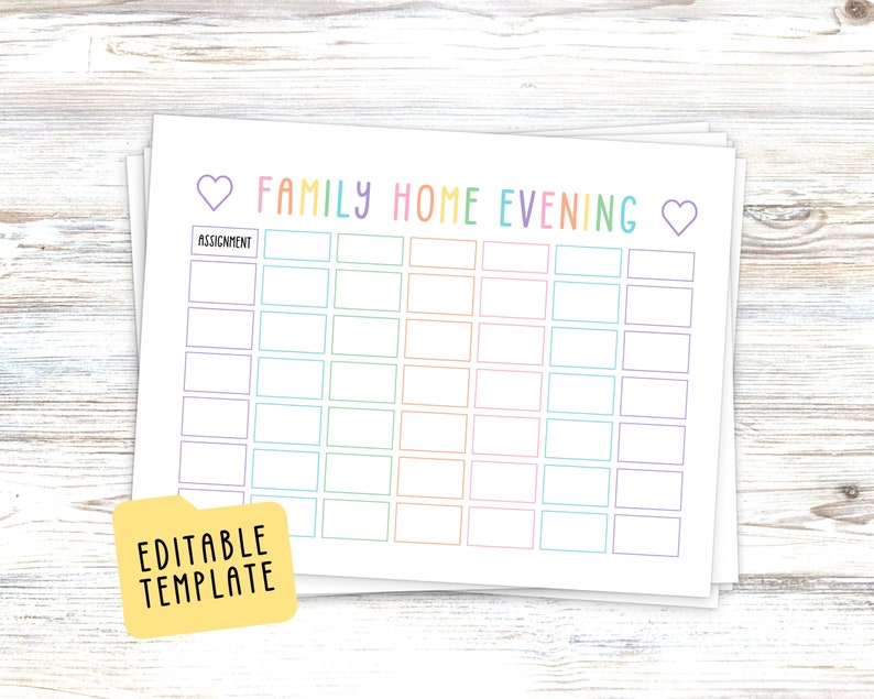 Editable Template Family Home Evening Chart Participation Assignments ...