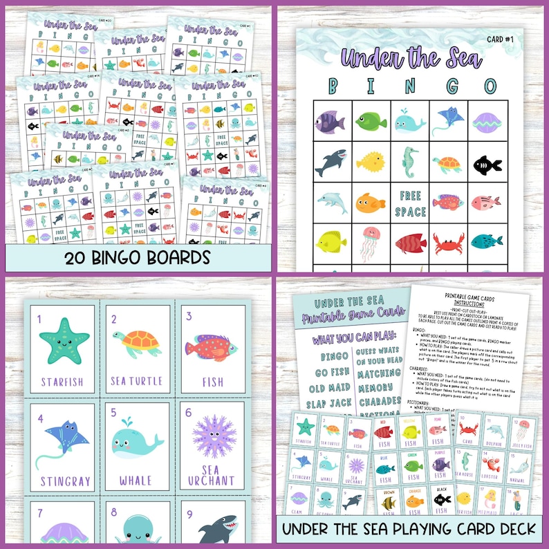 Bingo Game & Playing Card Deck Bundle, Printable Under the Sea ...