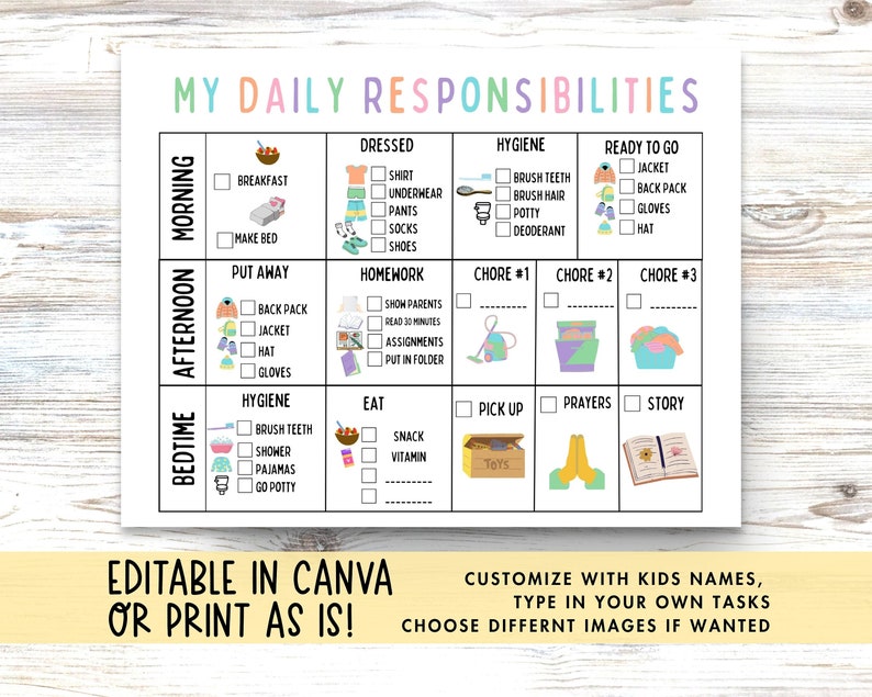 Editable Daily Routine Kids Visual Schedule Morning Schedule Afternoon ...