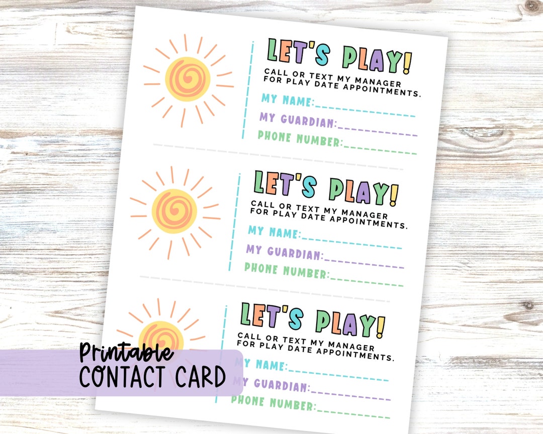 Play Date Contact Card for Kids to Hand Out at School or Day Care ...