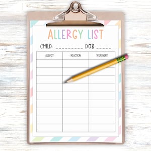 Allergy List Printable, Home Day Care or Classroom Emergency ...