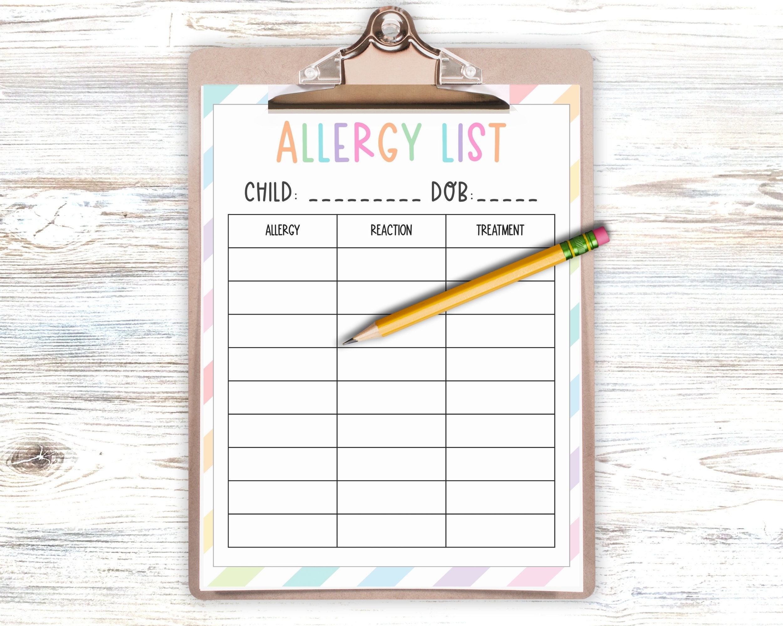 Allergy List Printable, Home Day Care or Classroom Emergency ...