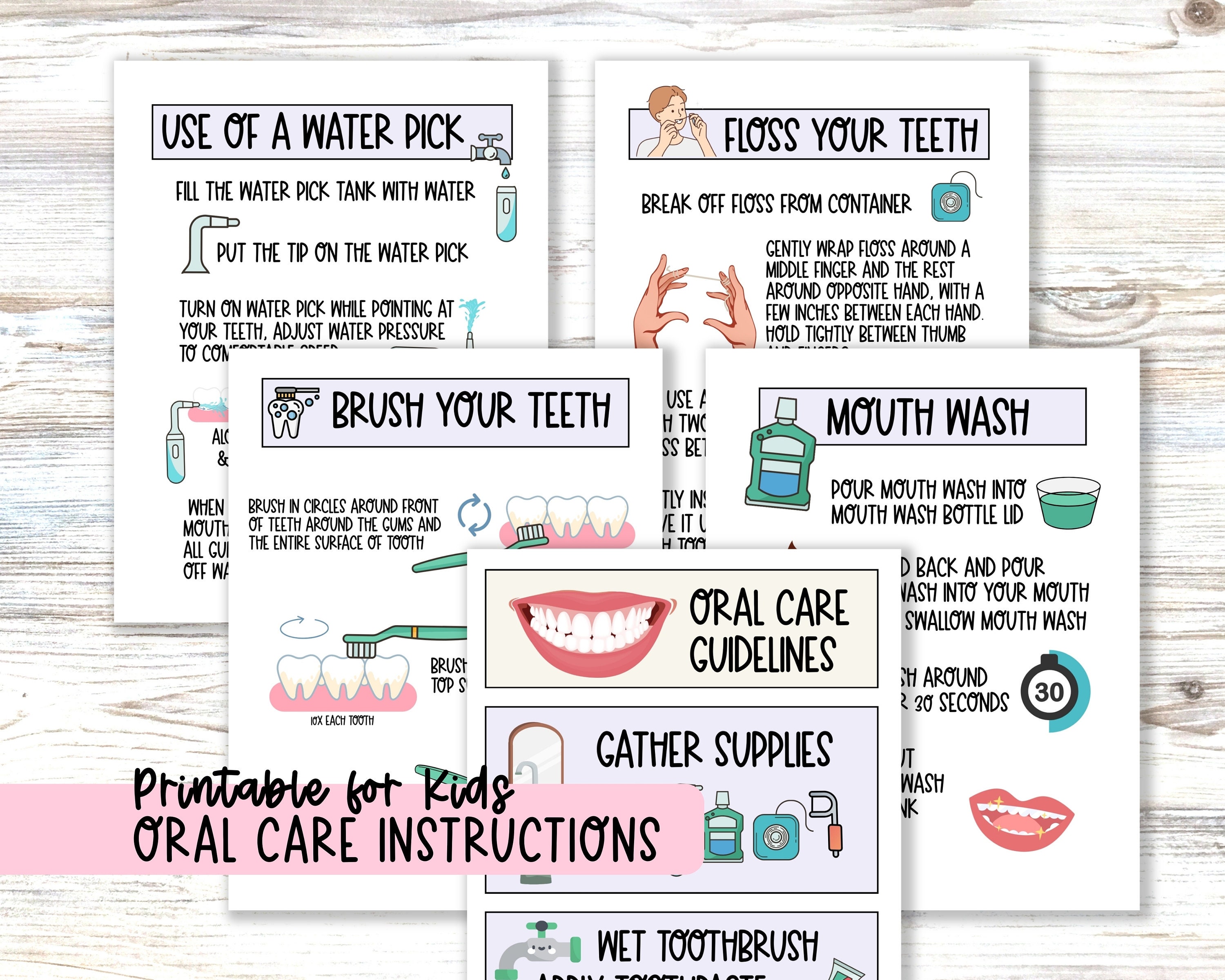 Brushing Teeth Posters Printable Oral Care Instruction, Steps Guide ...