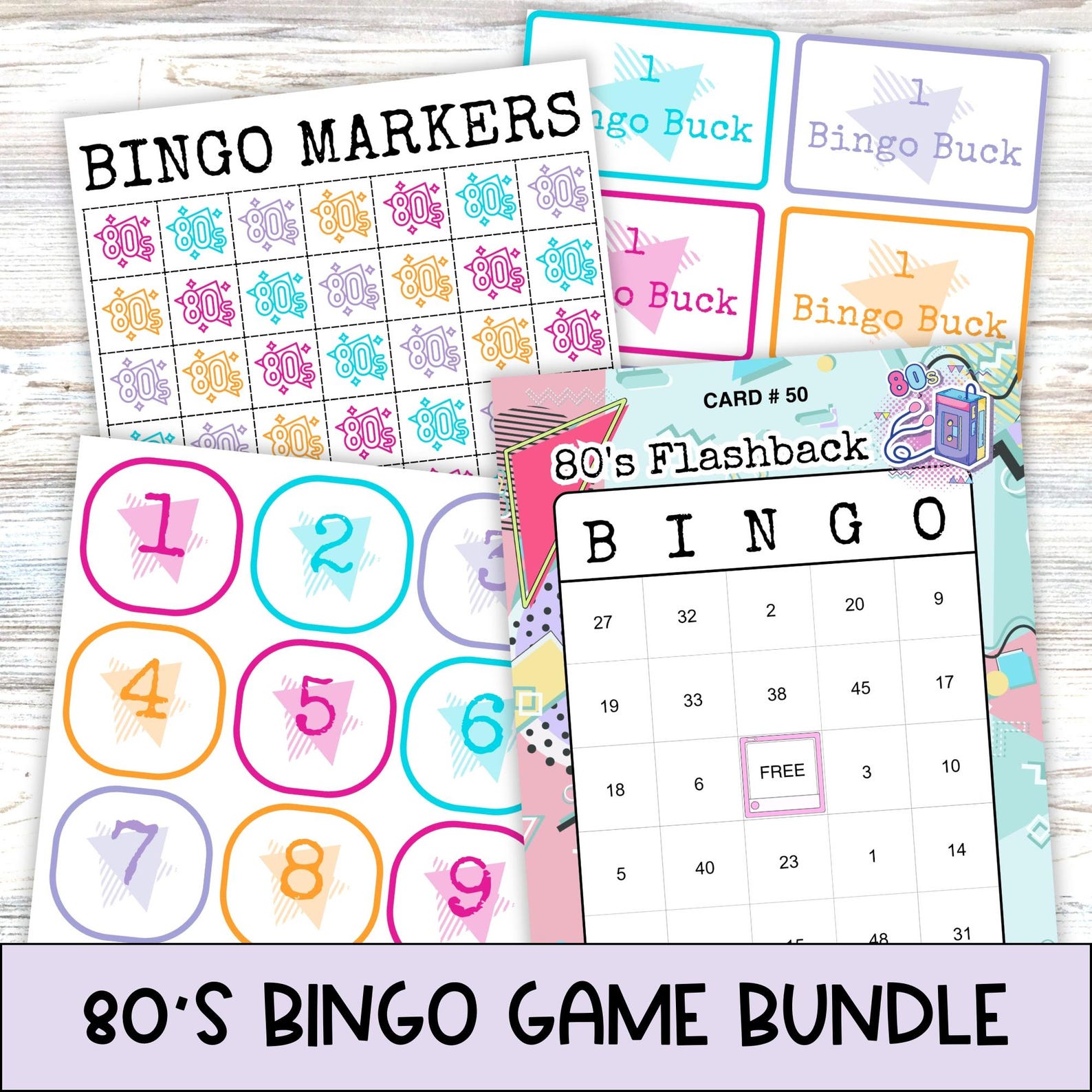 80's Flashback Bingo, Include Number Calling Cards, Bingo Bucks, Markers, and 50 Retro Themed ...