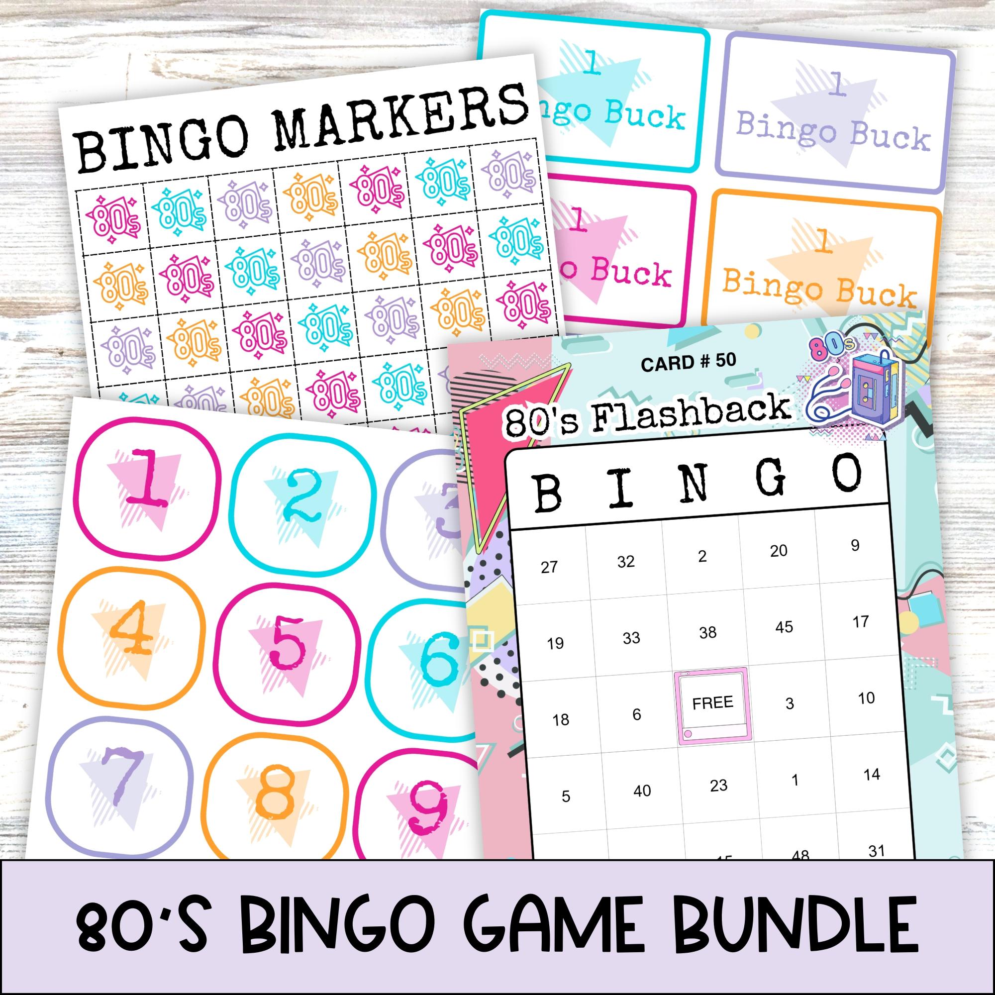 80's Flashback Bingo, Include Number Calling Cards, Bingo Bucks, Markers, and 50 Retro Themed ...