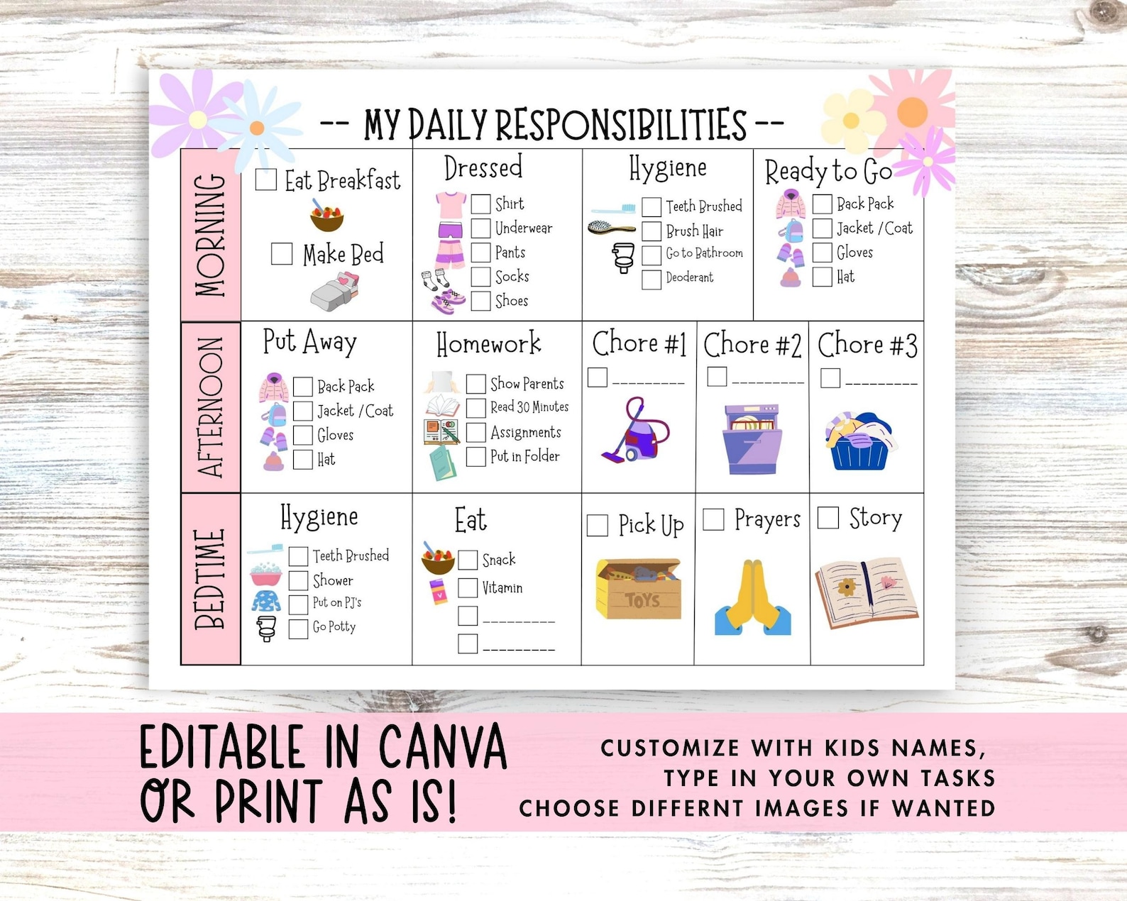 Customizable Daily Responsibility Chart With Pictures After School ...