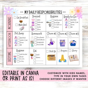 Customizable Daily Responsibility Chart With Pictures After School ...