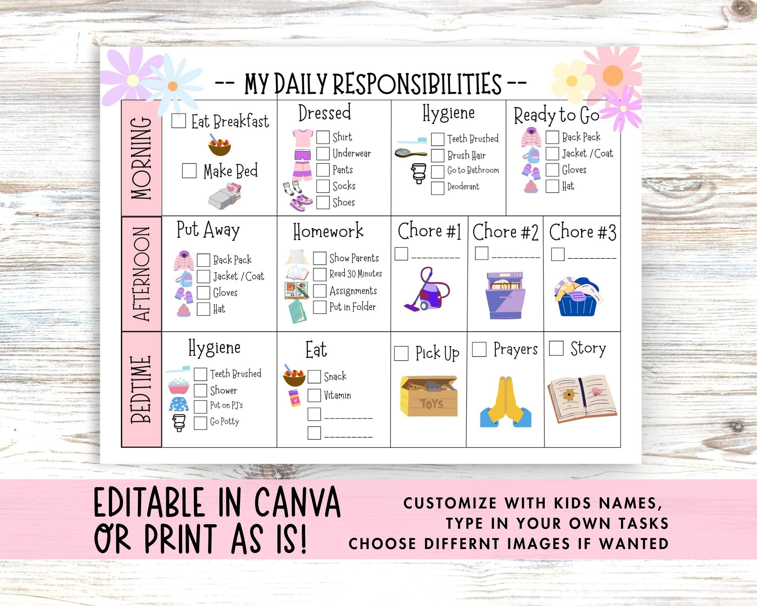 Customizable Daily Responsibility Chart With Pictures After School ...
