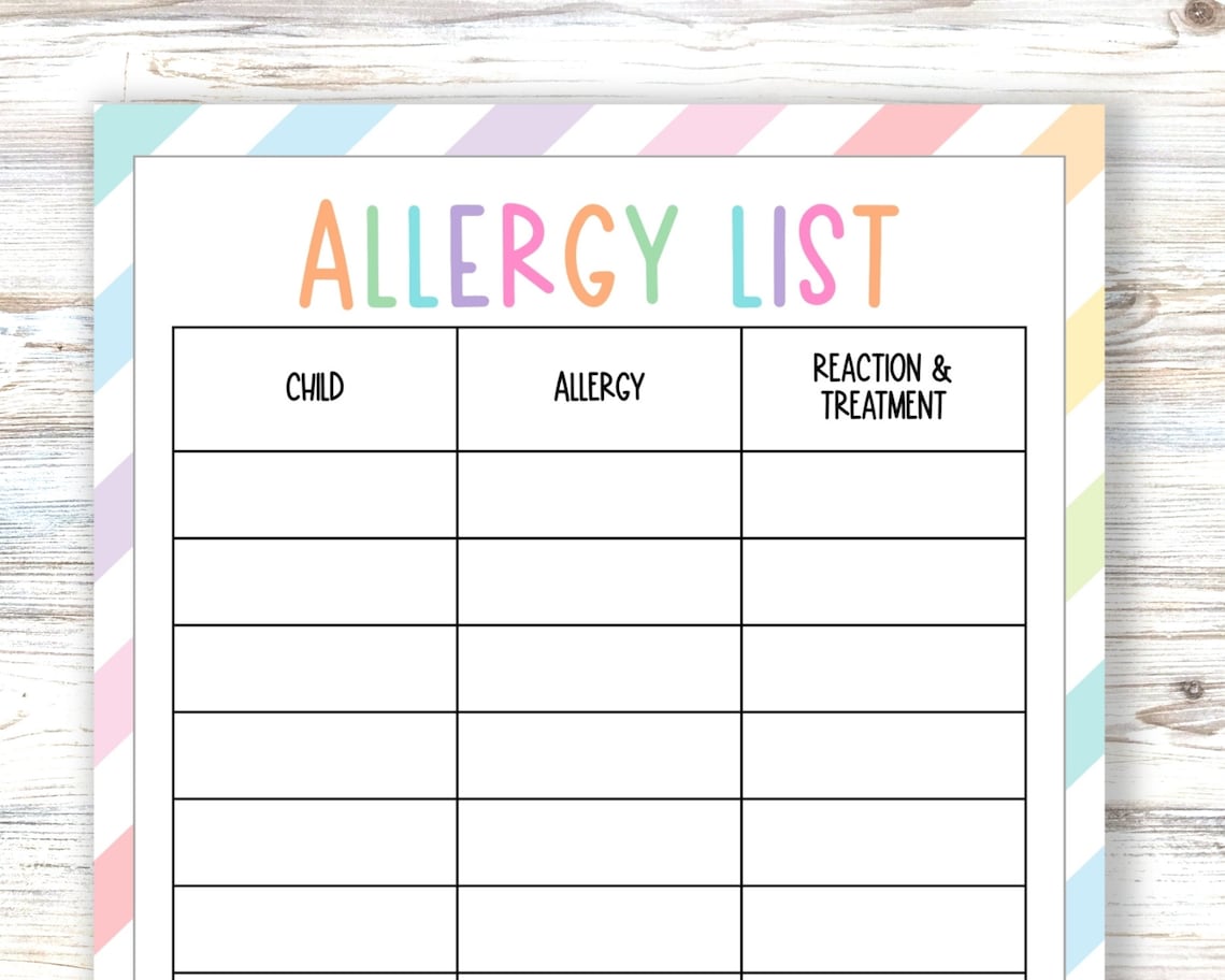 Allergy List Printable, Home Day Care or Classroom Emergency ...