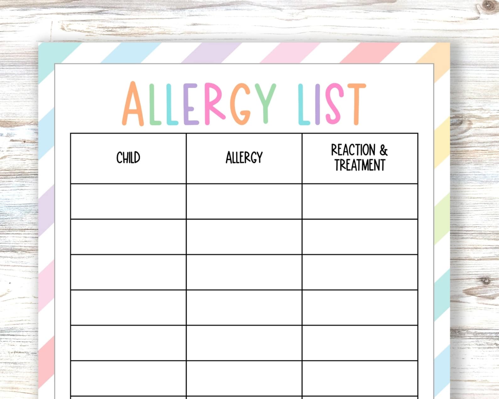 Allergy List Printable, Home Day Care or Classroom Emergency ...