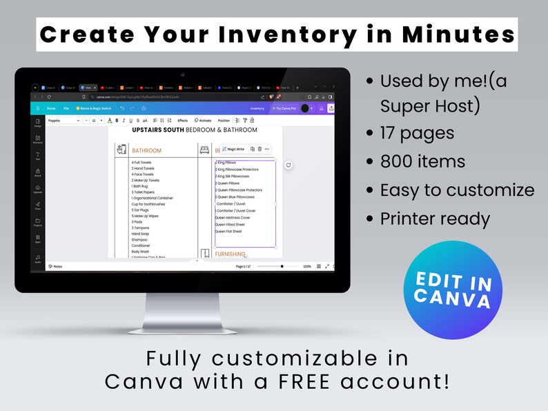 Inventory Checklist Editable Printable Canva Template Airbnb VRBO ...