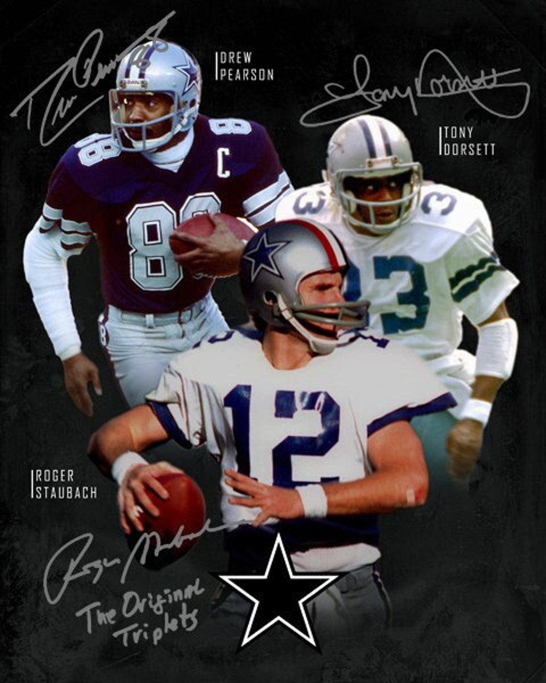 Roger Staubach Tony Dorsett Drew Pearson Dallas Cowboys Triplets Signed ...
