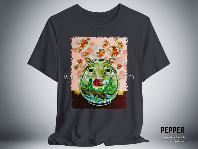 Cat Looking Through Fishbowl Goldfish Bubbles Graphic Tee Animal ...