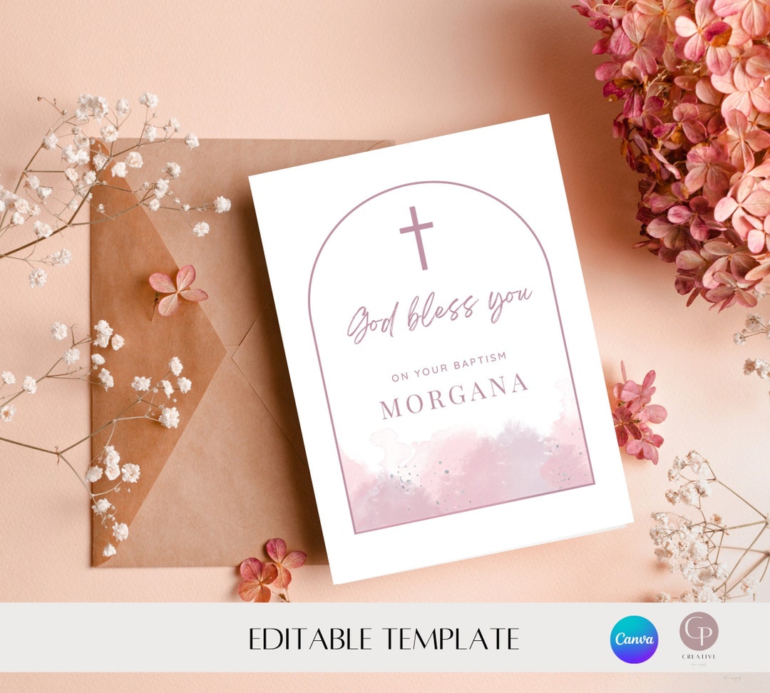 Printable Pink Baptism Card, Personalised Baptism Card, Editable ...