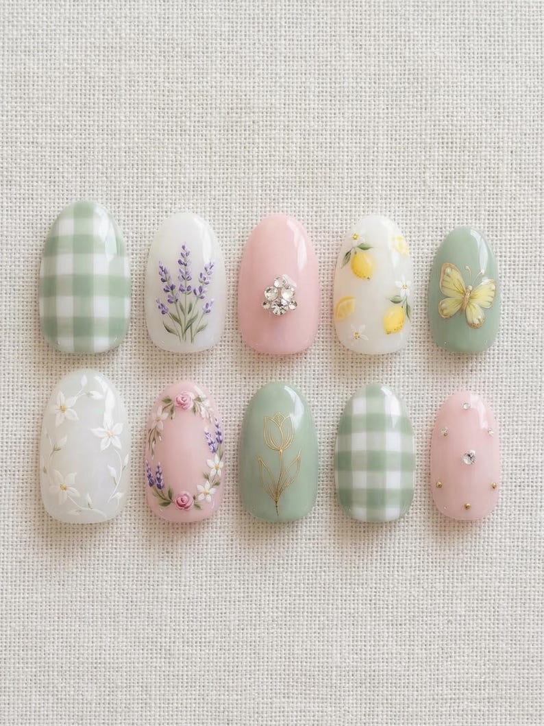 Hand Painted Floral Lemon Gingham Press on Nails, Cottagecore Spring ...