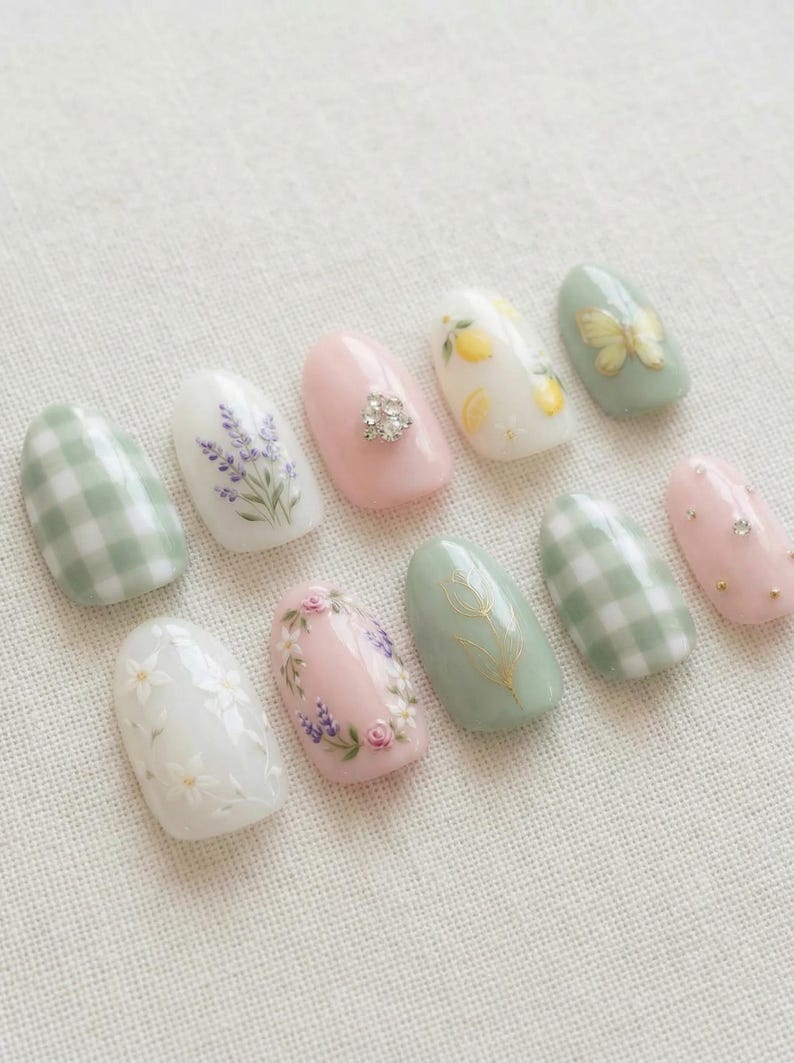Hand Painted Floral Lemon Gingham Press on Nails, Cottagecore Spring ...