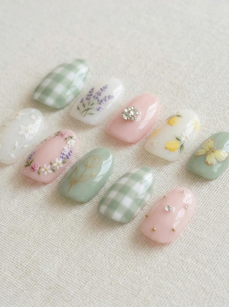 Hand Painted Floral Lemon Gingham Press on Nails, Cottagecore Spring ...