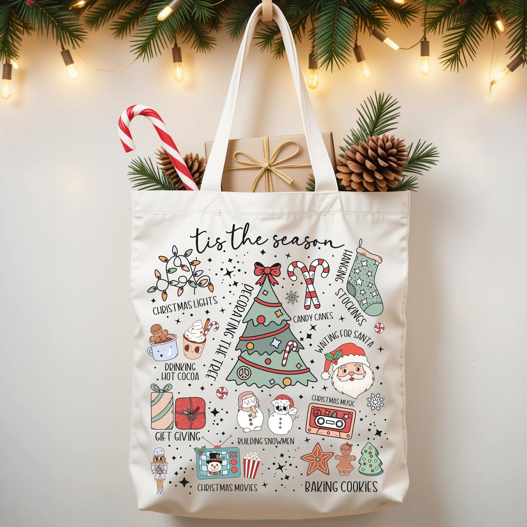 Retro Christmas Tote Bag, Christmas Holiday Canvas Tote ,cute Christmas ...
