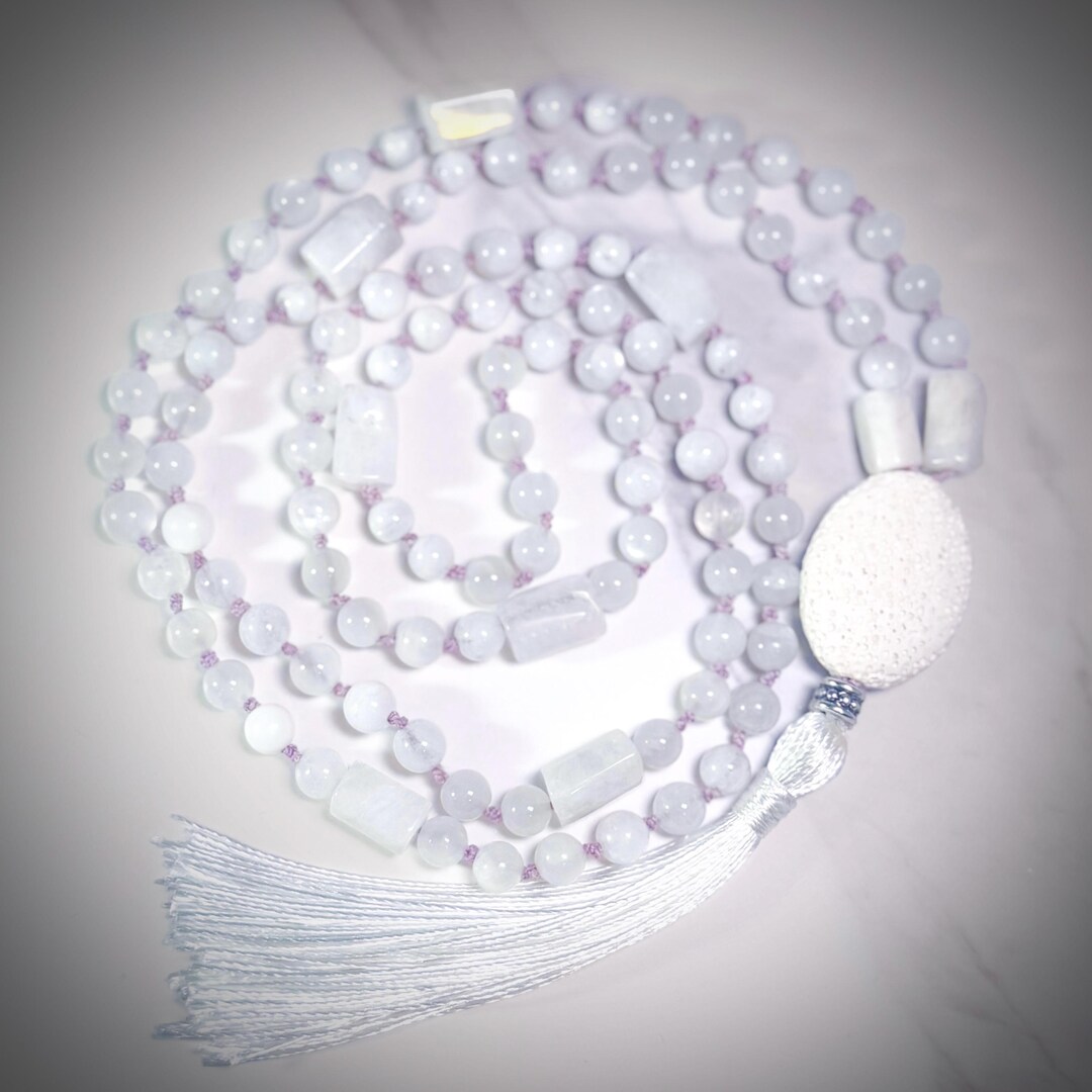 Moonstone Crystal Mala, Traditional Tibetan 108 Bead Mala, Blue Flash ...